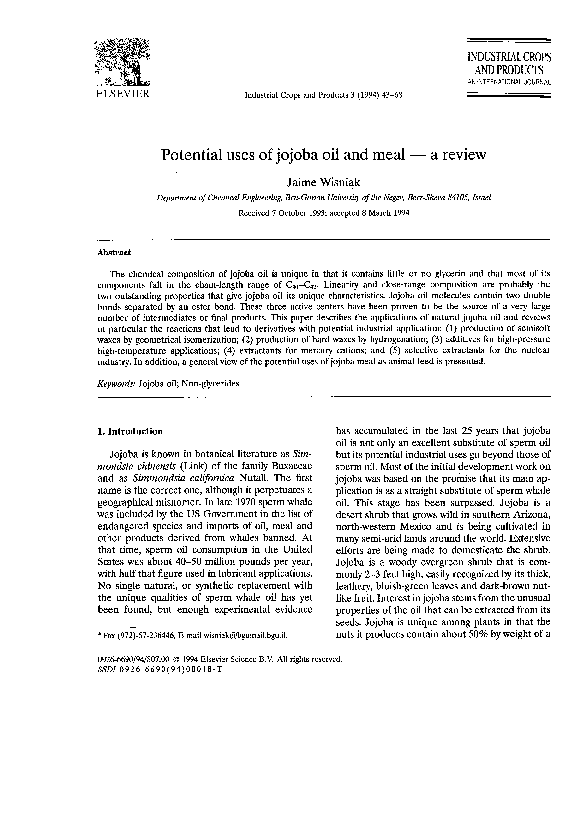 (PDF) Potential uses of jojoba oil and meal — a review