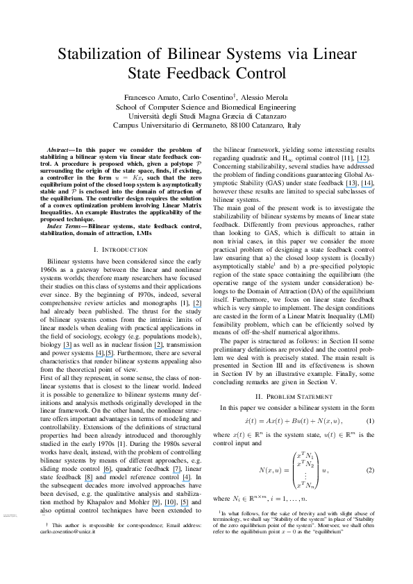 (PDF) Stabilization of Bilinear Systems Via Linear State-Feedback Control