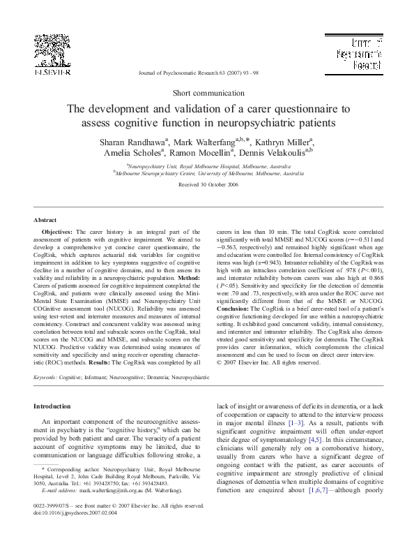 (PDF) The development and validation of a carer questionnaire to assess ...