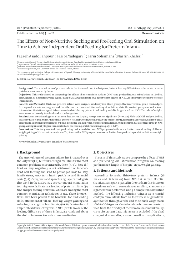 Pdf The Effects Of Non Nutritive Sucking And Pre Feeding Oral