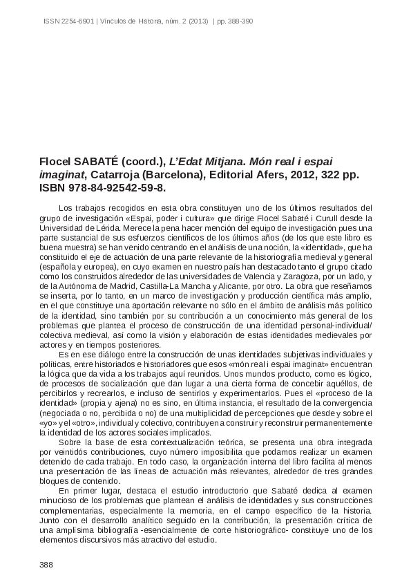 (PDF) Review of Sabaté, Flocel (coord.), L'Edat Mitjana. Món real i ...