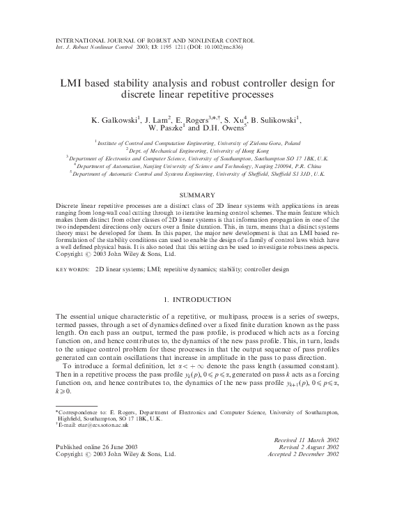 (PDF) LMI based stability analysis and robust controller design for discrete linear repetitive ...