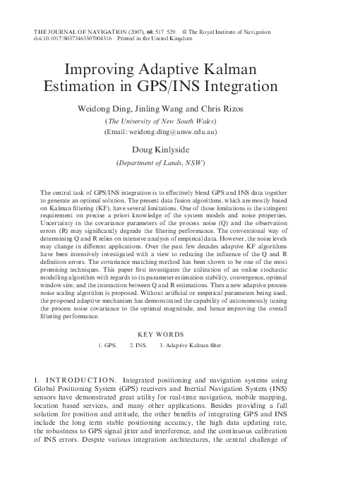 (PDF) Improving Adaptive Kalman Estimation in GPS/INS Integration