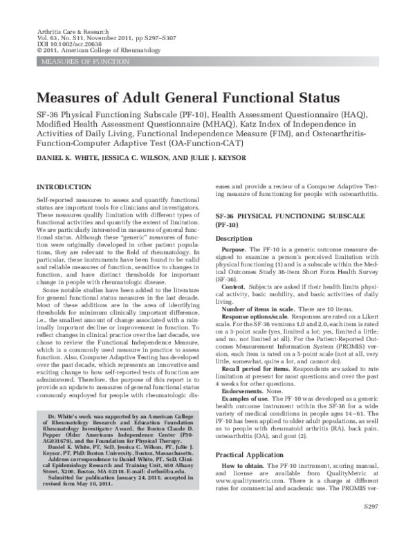 (PDF) Measures of adult general functional status: SF-36 Physical ...