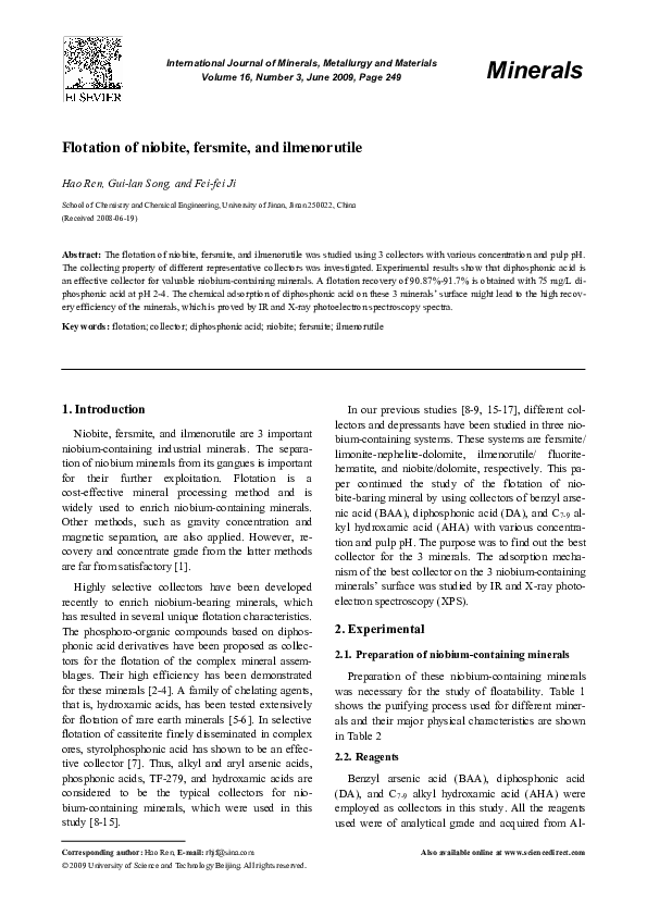 (PDF) Flotation of niobite, fersmite, and ilmenorutile