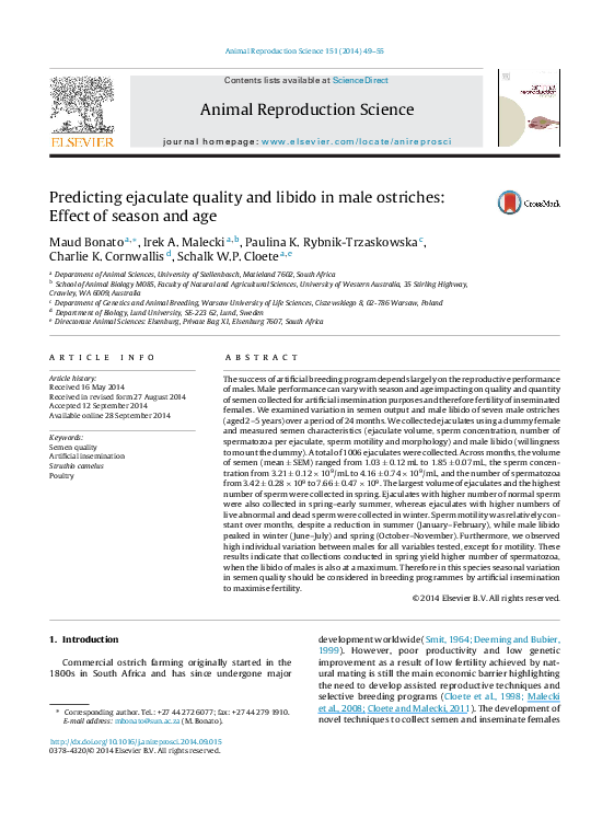 Pdf Predicting Ejaculate Quality And Libido In Male Ostriches Effect Of Season And Age