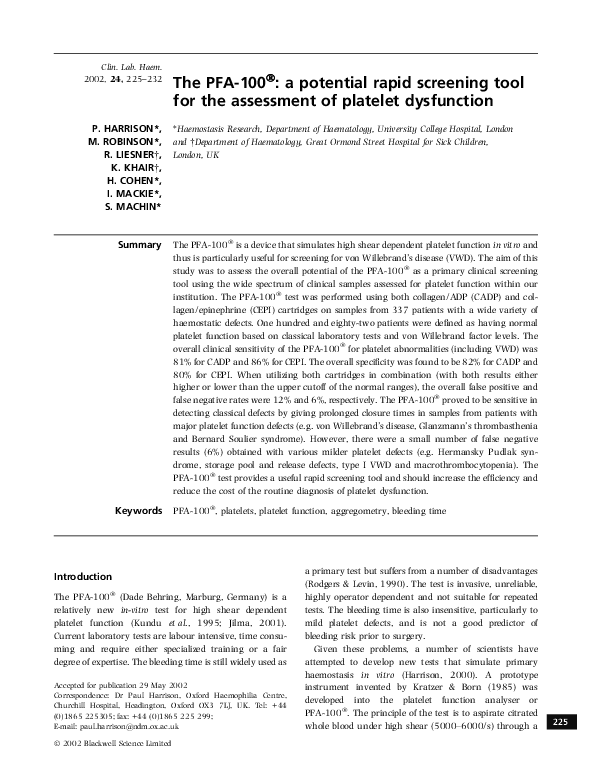 (PDF) The PFA100R: a potential rapid screening tool for the assessment ...