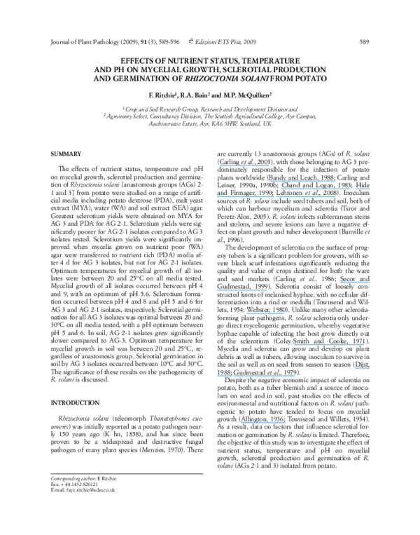 (PDF) Effects of nutrient status, temperature and pH on mycelial growth, sclerotial production ...
