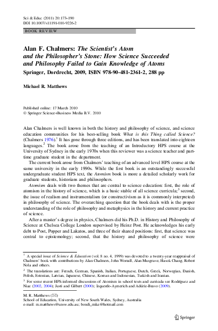(PDF) Alan F. Chalmers: The Scientist’s Atom and the Philosopher’s ...
