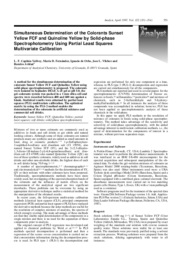 (PDF) Simultaneous Determination of the Colorants Sunset Yellow FCF and Quinoline Yellow by ...