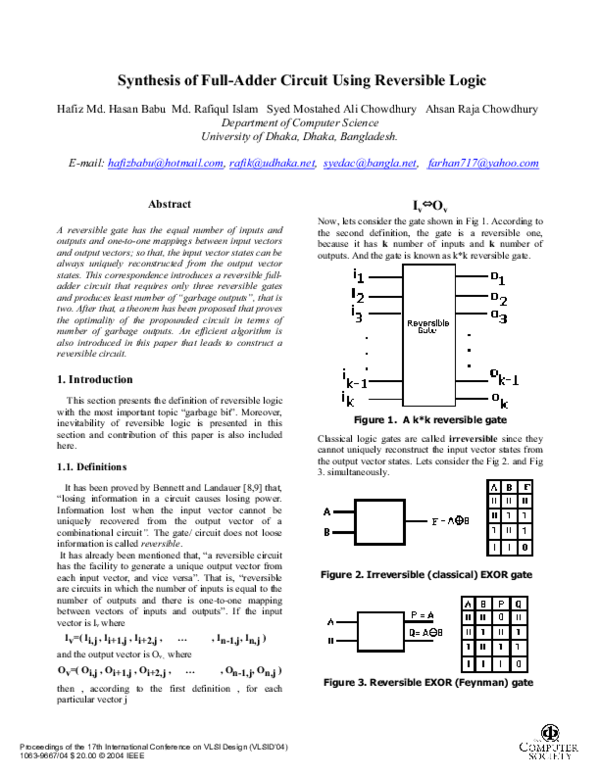 Pdf Synthesis Of Full Adder Circuit Using Reversible Logic