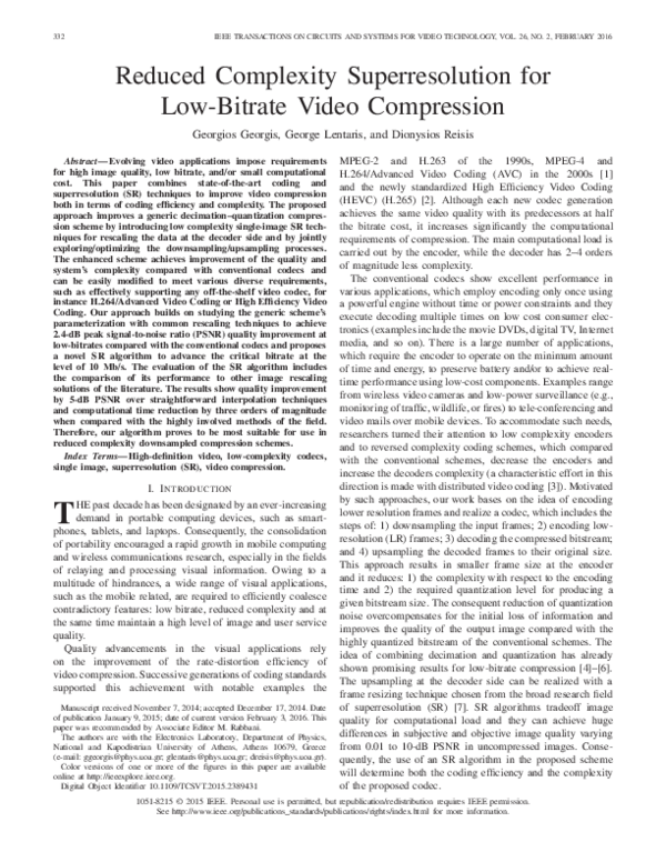 (PDF) Reduced Complexity Super-Resolution for Low-Bitrate Video Compression