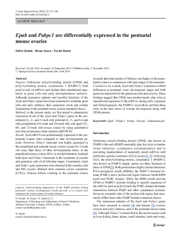 (PDF) Epab and Pabpc1 are differentially expressed in the postnatal ...