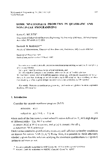 Pdf Some Np Complete Problems In Quadratic And Nonlinear Programming
