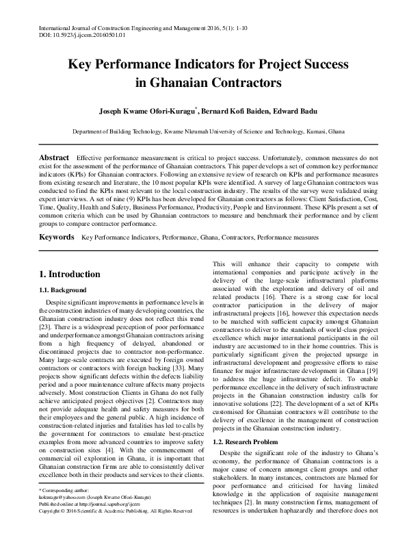 (PDF) Key Performance Indicators for Project Success in Ghanaian ...