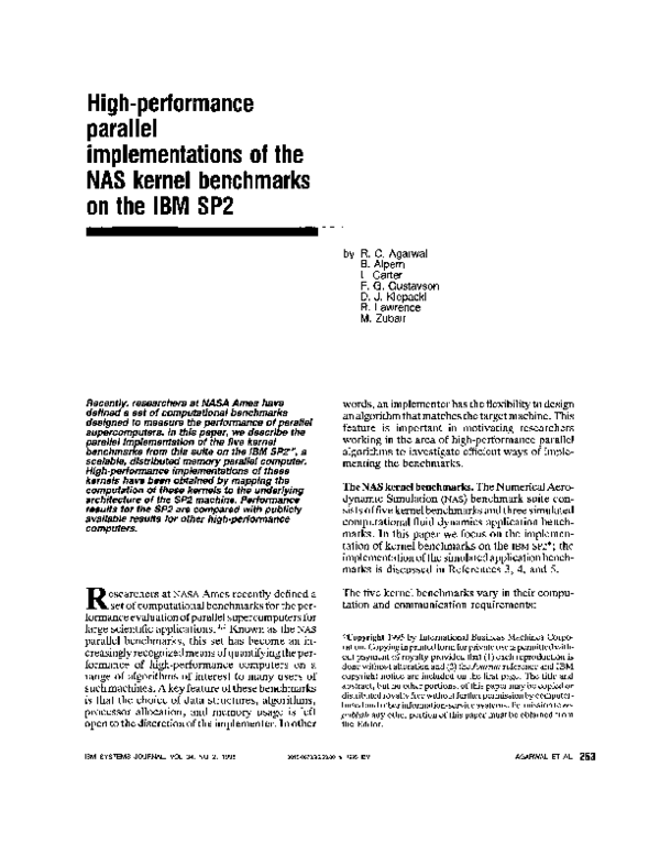Pdf High Performance Parallel Implementations Of The Nas Kernel Benchmarks On The Ibm Sp2 M