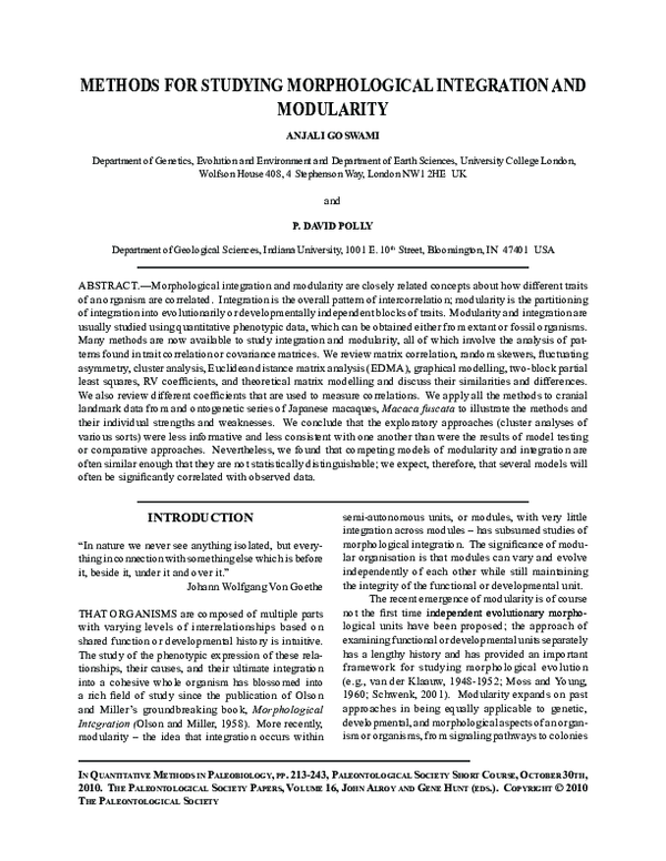 (PDF) Methods for studying morphological integration and modularity