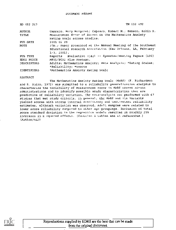 (PDF) Measurement Error of Scores on the Mathematics Anxiety Rating ...