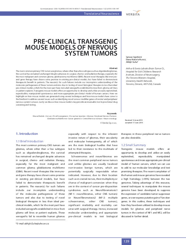 (PDF) Pre-clinical transgenic mouse models of nervous system tumors