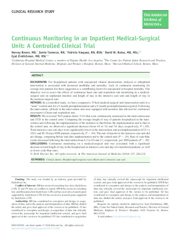 (PDF) Continuous Monitoring in an Inpatient Medical-Surgical Unit: A ...