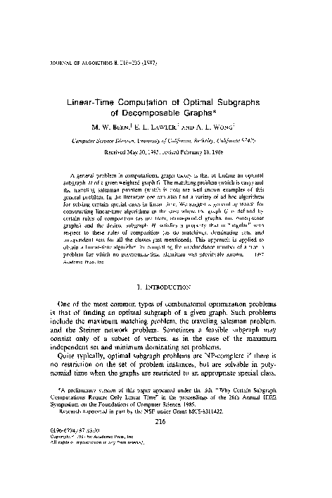 Pdf Linear Time Computation Of Optimal Subgraphs Of Decomposable Graphs Marshall Bern 