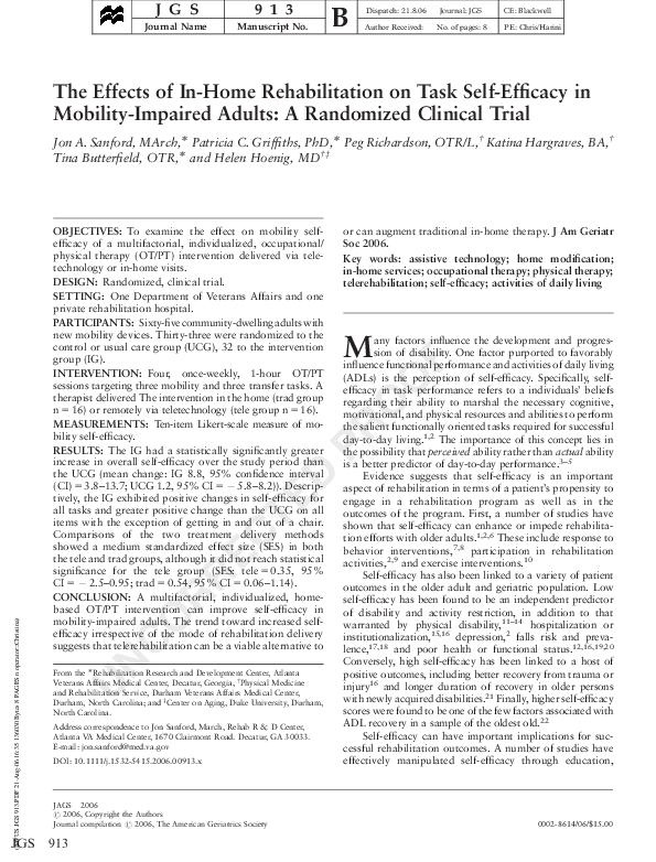 (PDF) The Effects of In-Home Rehabilitation on Task Self-Efficacy in ...