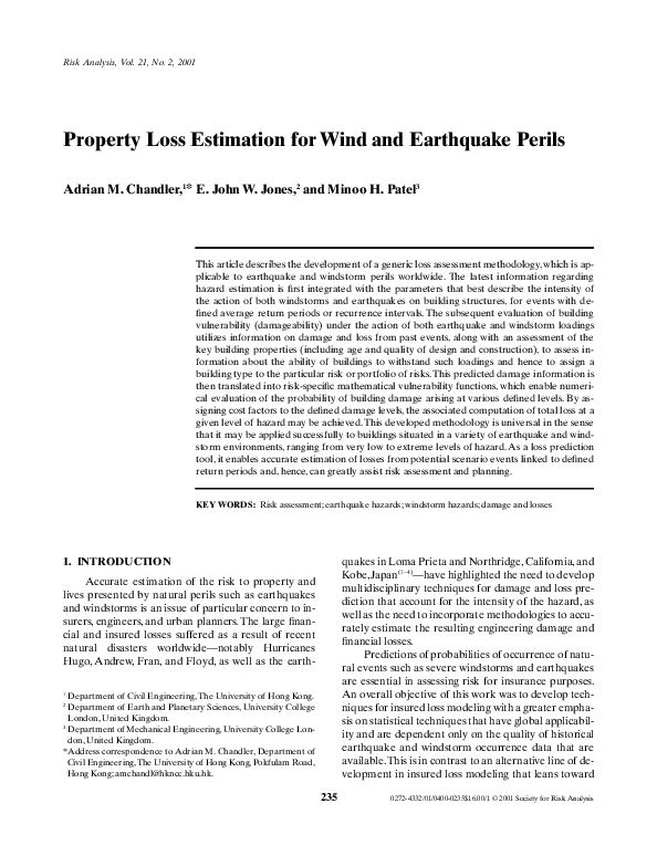 (PDF) Property Loss Estimation for Wind and Earthquake Perils