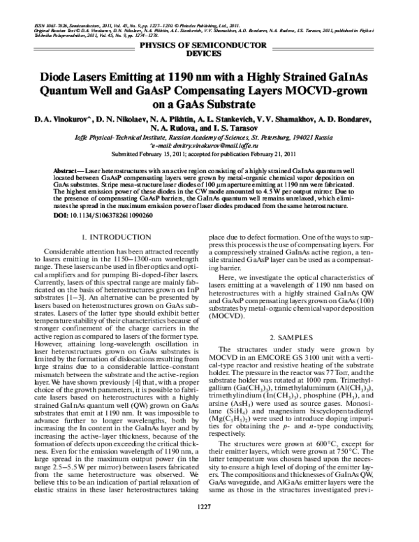 (PDF) Diode lasers emitting at 1190 nm with a highly strained GaInAs ...