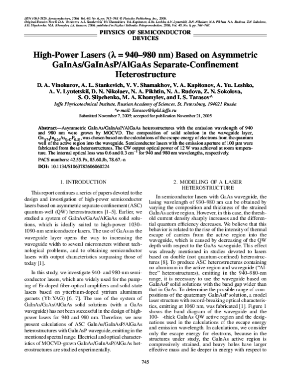(PDF) High-power lasers (λ = 940–980 nm) based on asymmetric GaInAs/GaInAsP/AlGaAs separate ...