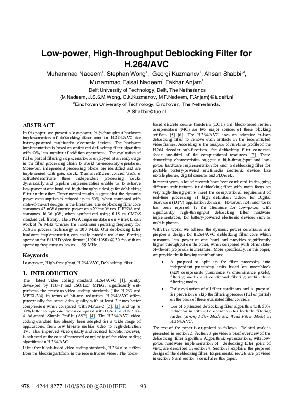 (PDF) Low-power, high-throughput deblocking filter for H.264/AVC