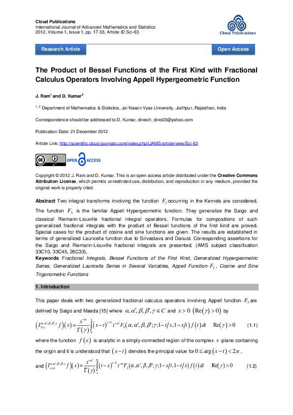 Pdf The Product Of Bessel Functions Of The First Kind With Fractional Calculus Operators
