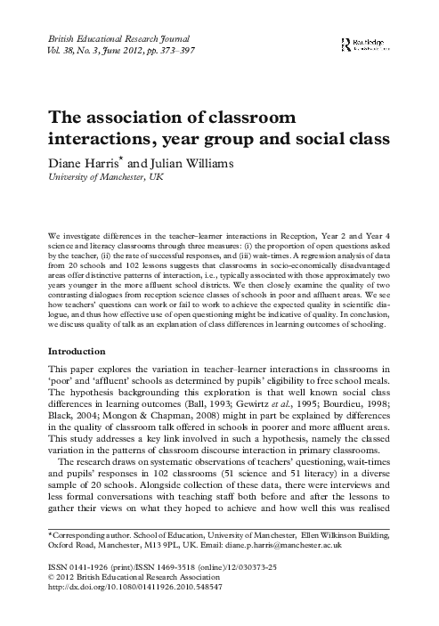 (PDF) The association of classroom interactions, year group and social ...