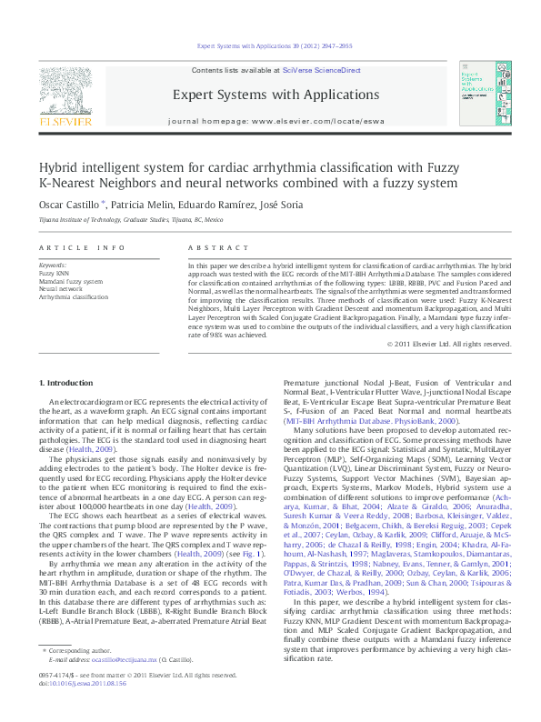 Pdf Hybrid Intelligent System For Cardiac Arrhythmia Classification With Fuzzy K Nearest