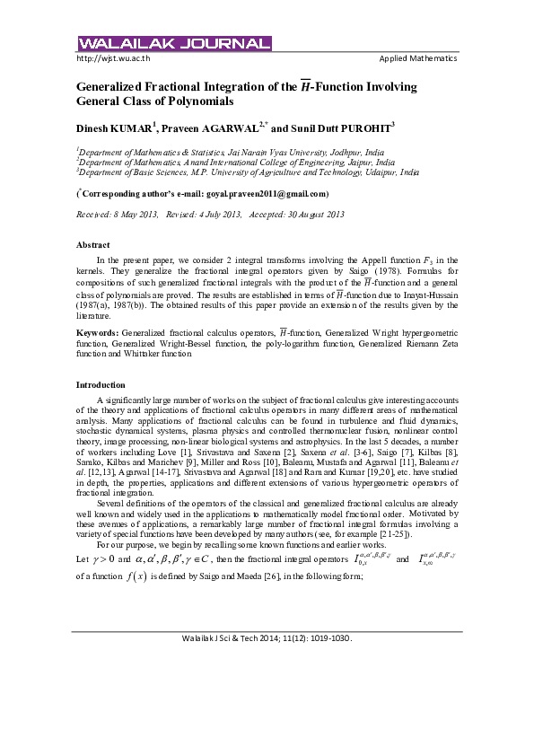 Pdf Generalized Fractional Integration Of The Bar{h} Function Involving General Class Of