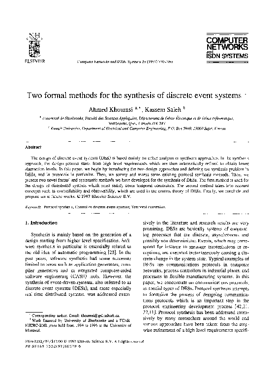 Pdf Two Formal Methods For The Synthesis Of Discrete Event Systems