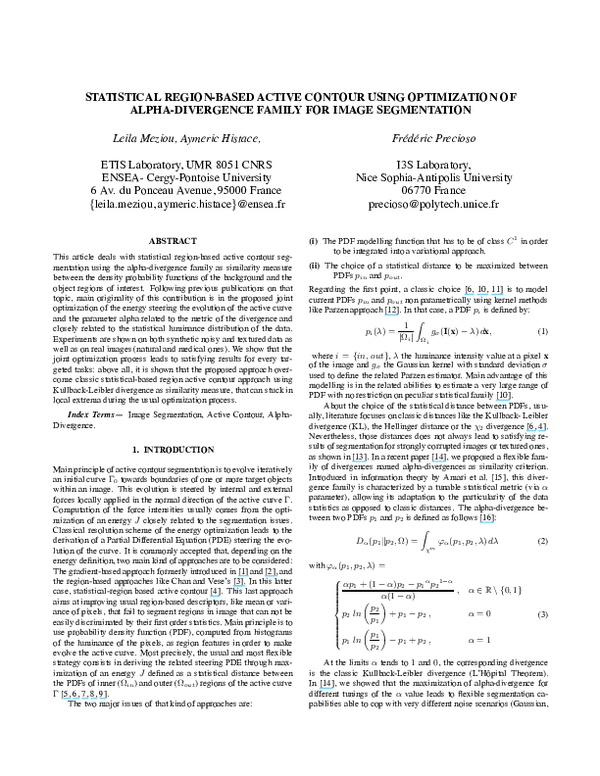 (PDF) Statistical region-based active contour using optimization of alpha-divergence family for ...