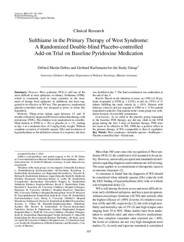(PDF) Sulthiame in the Primary Therapy of West Syndrome: A Randomized ...
