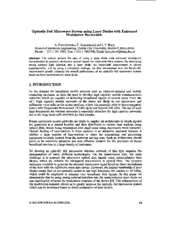 Pdf Optically Fed Microwave System Using Laser Diodes With Enhanced Modulation Bandwidth