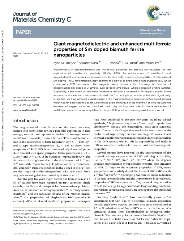 (PDF) Giant magnetodielectric and enhance multiferroic properties Sm-doped BiFeO3 nanoparticles