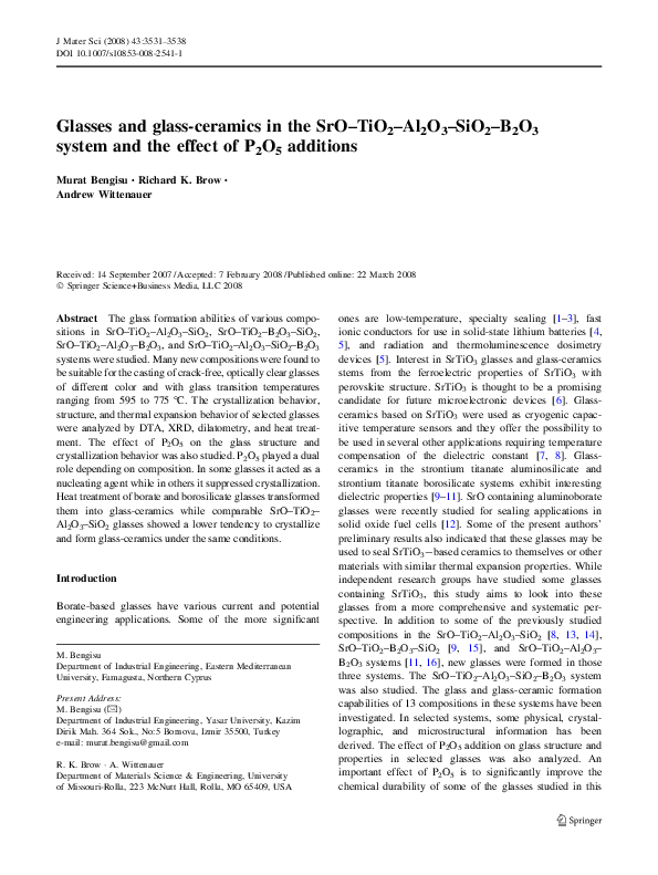 Pdf Glasses And Glass Ceramics In The Sro Tio2 Al2o3 Sio2 B2o3 System And The Effect Of P2o5