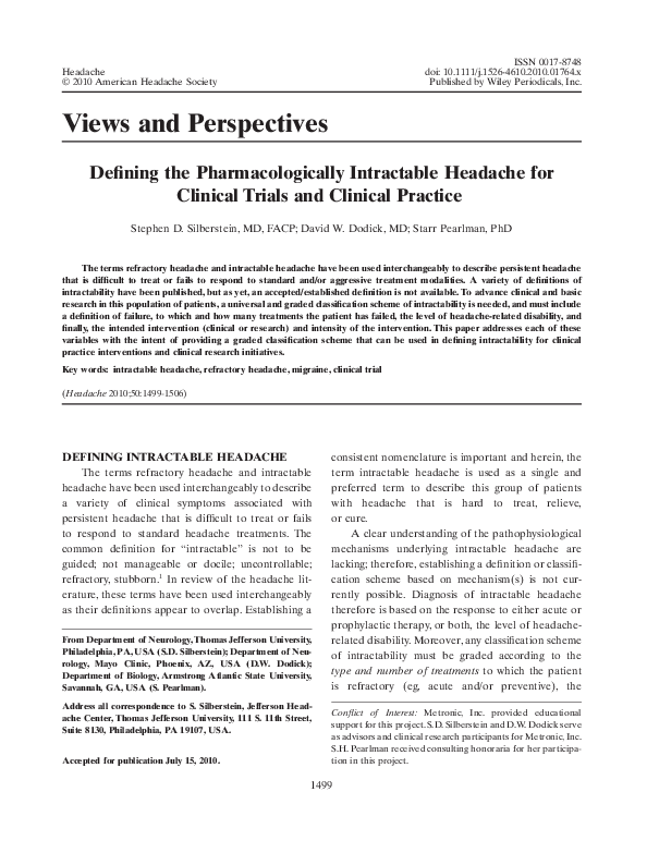(PDF) Defining the Pharmacologically Intractable Headache for Clinical ...