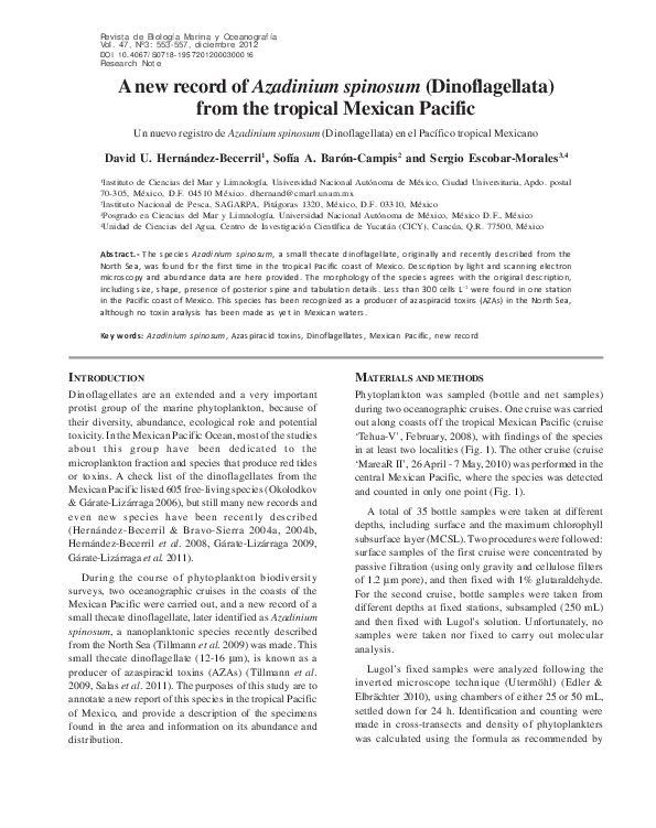 (PDF) A new record of Azadinium spinosum (Dinoflagellata) from the ...