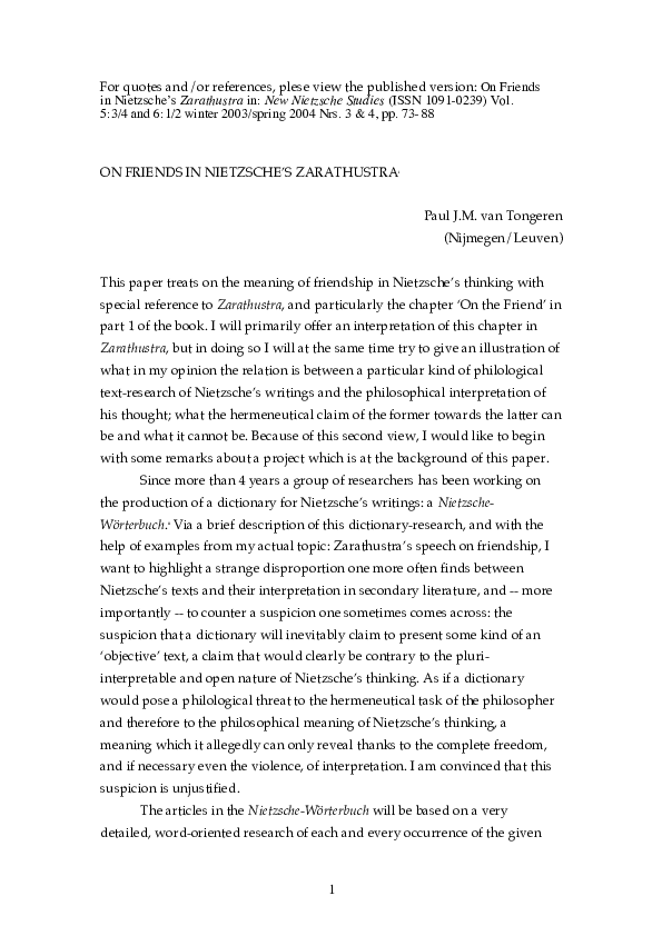 (PDF) On Friends in Nietzsche’s Zarathustra