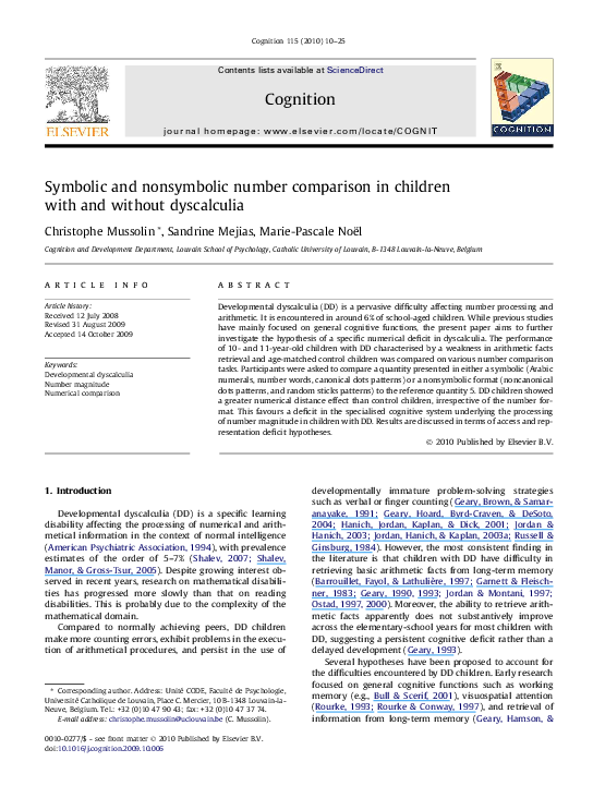 (PDF) Symbolic and nonsymbolic number comparison in children with and without dyscalculia