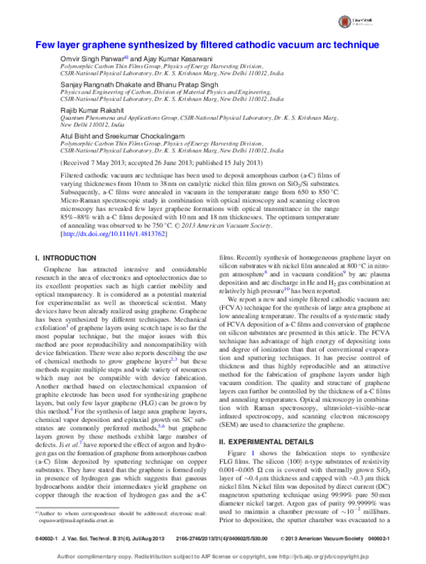 (PDF) Few layer graphene synthesized by filtered cathodic vacuum arc ...