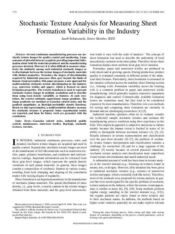 Pdf Stochastic Texture Analysis For Measuring Sheet Formation Variability In The Industry