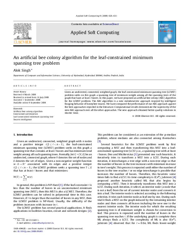 Pdf An Artificial Bee Colony Algorithm For The Leaf Constrained Minimum Spanning Tree Problem