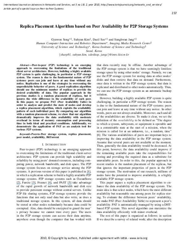 Pdf Replica Placement Algorithm Based On Peer Availability For P2p Storage Systems