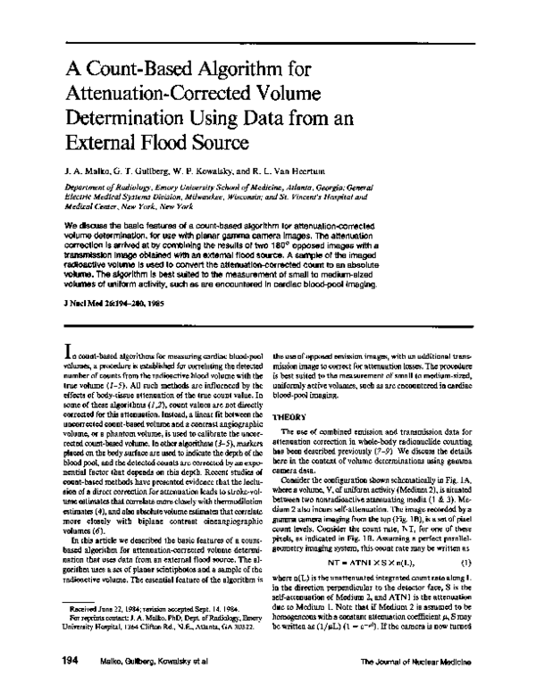 Pdf A Count Based Algorithm For Attenuation Corrected Volume Determination Using Data From An