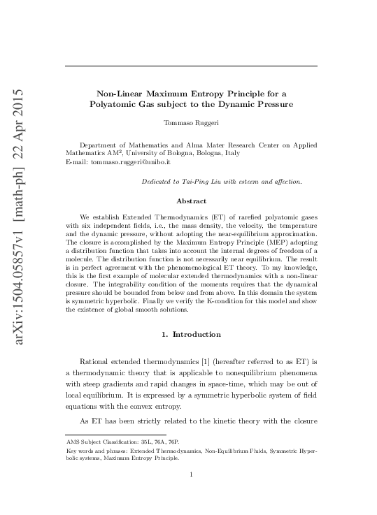 (PDF) Non-Linear Maximum Entropy Principle for a Polyatomic Gas subject ...